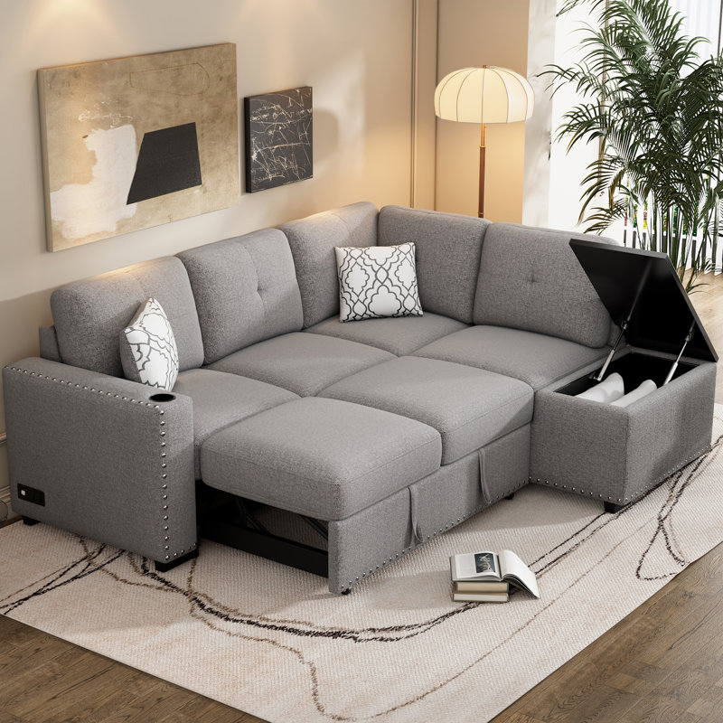 Latitude Run Pull Out Sectional Sofa Bed with Storage Chaise USB Ports Power Sockets Cup Holder Wayfair
